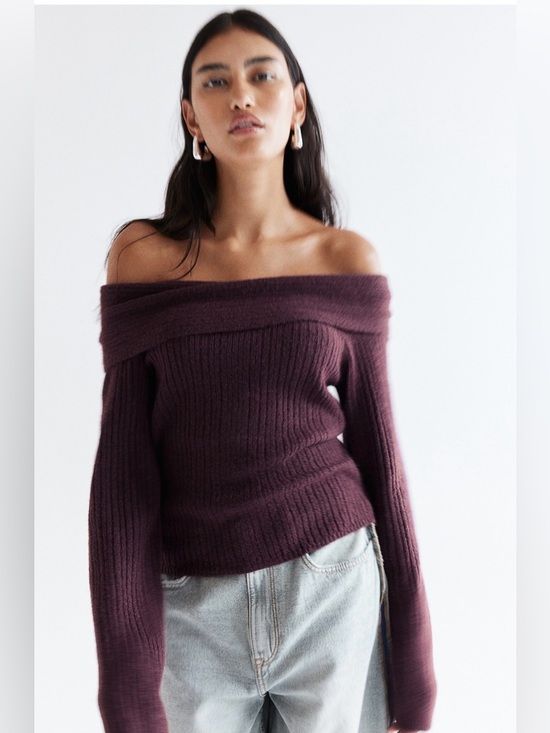 H&M | Sweaters | Offshoulder Ribbed Sweater In Deep Plum | Poshmark
